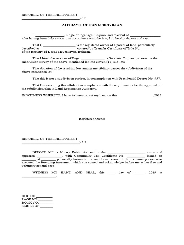 Affidavit of Non-Subdivision Philippines | PDF