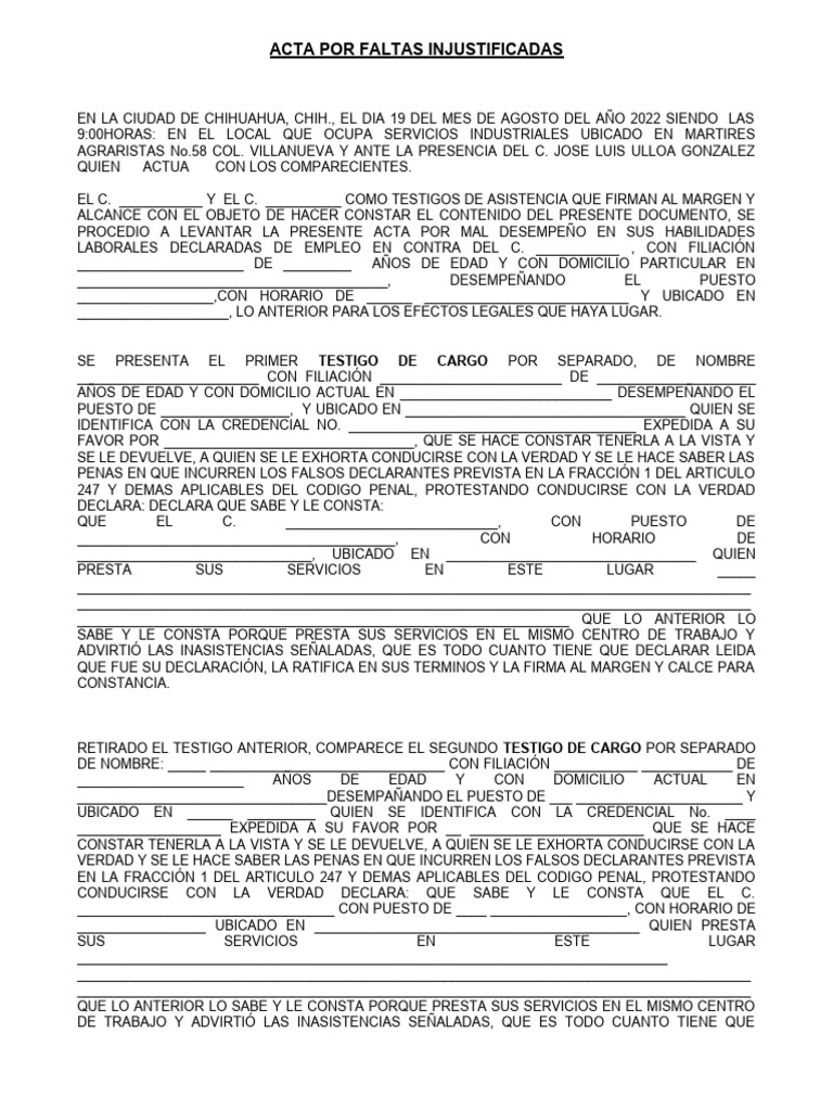 Acta Faltas Injustificadas | PDF | Justicia | Crimen y violencia