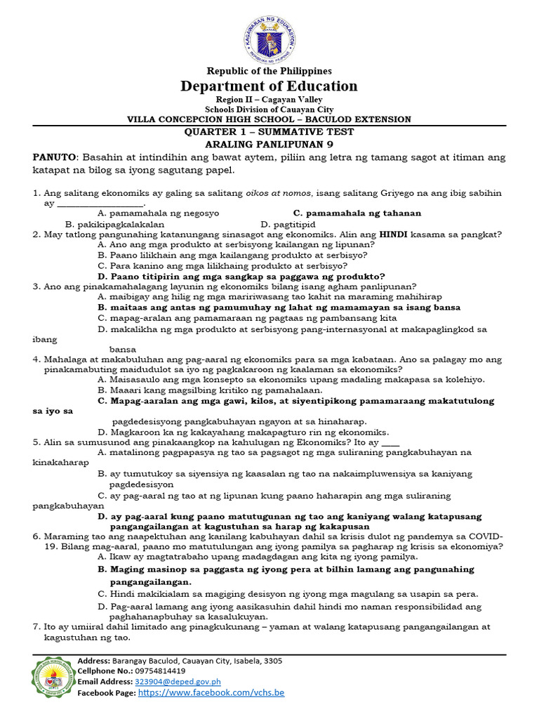 Q1 Summative Test Ap9 With Answer 2 | PDF