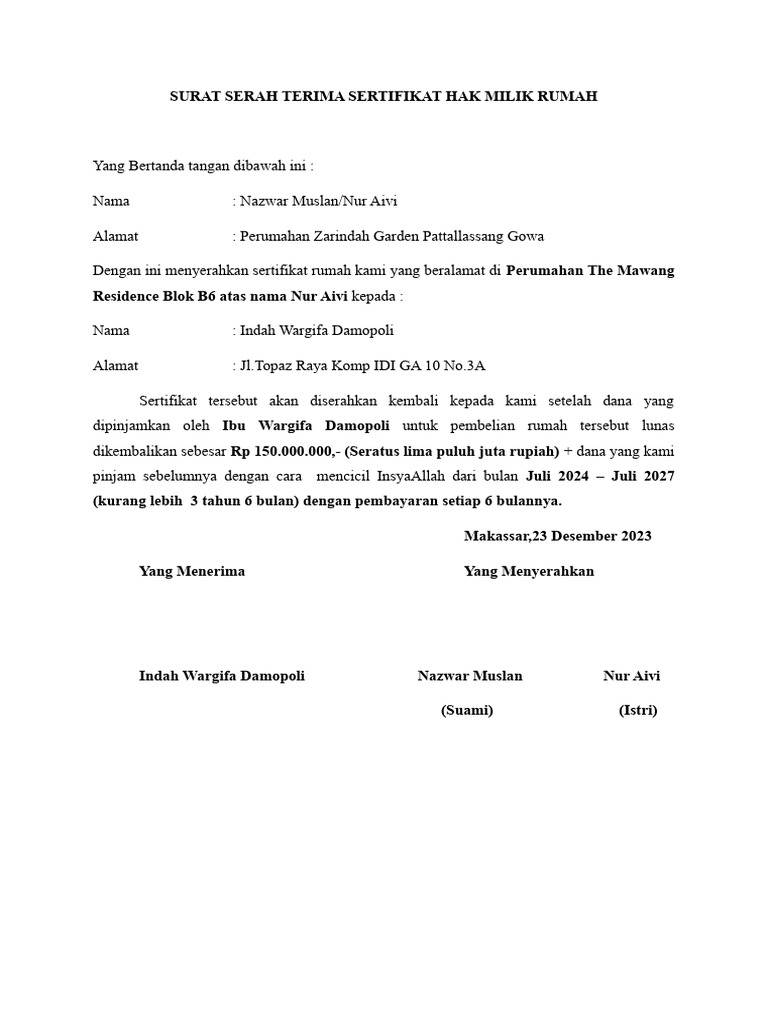 Surat Serah Terima Sertifikat Hak Milik Rumah | PDF