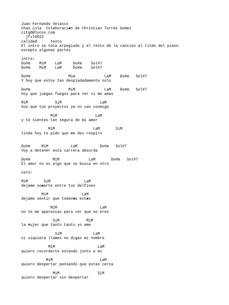 Letra de "Chao Lola" de Juan Velasco | PDF