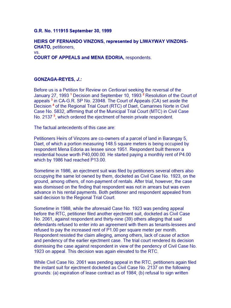Ejectment Case Review: Heirs of Vinzons vs. Edoria | PDF | Lawsuit | Complaint