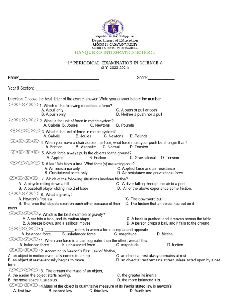 Grade 8 Science 1st Quarter Exam | PDF | Force | Waves