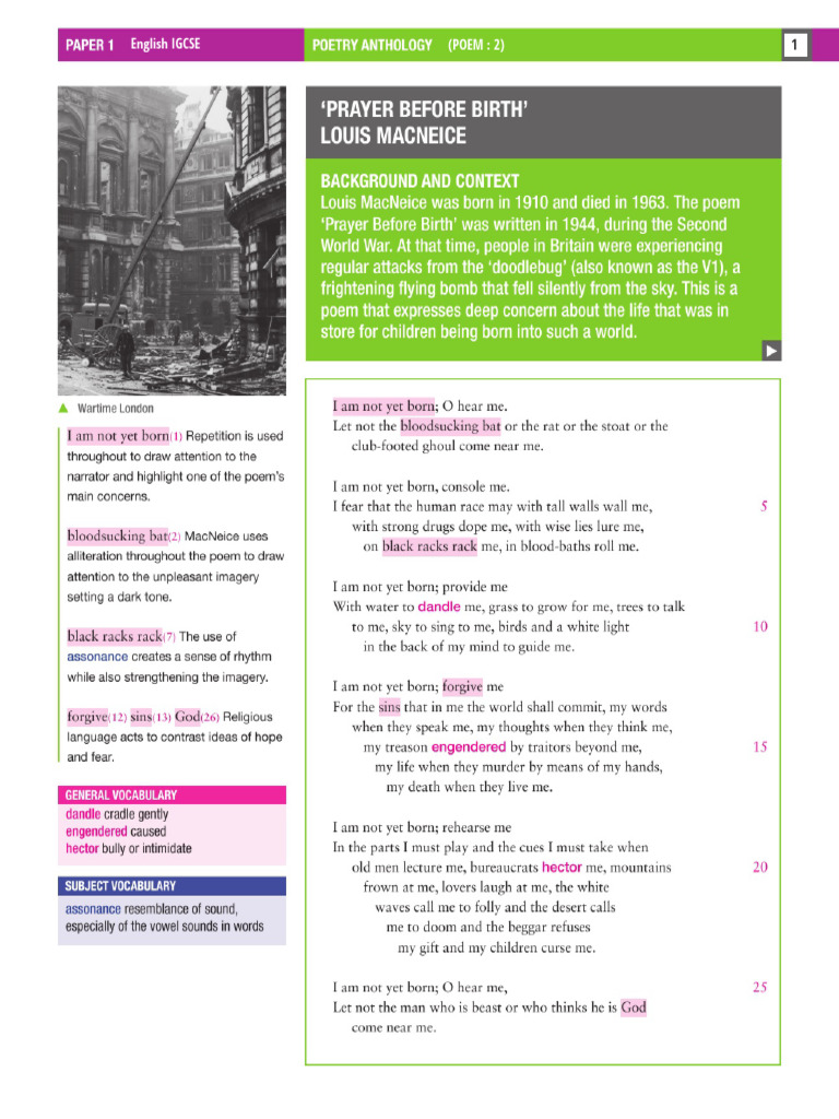 Prayer Before Birth - Study Material IGCSE | PDF