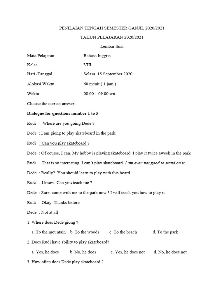 PENILAIAN TENGAH SEMESTER GANJIL 2020 Fixx | PDF