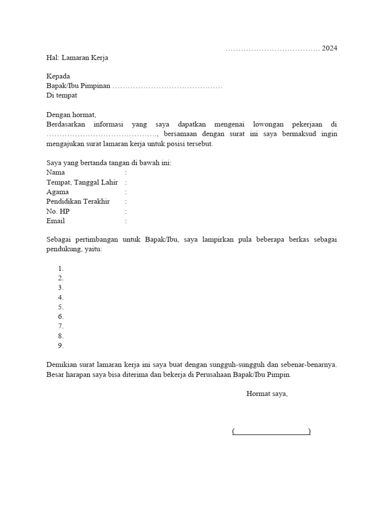 Contoh Blangko Surat Lamaran Kerja | PDF