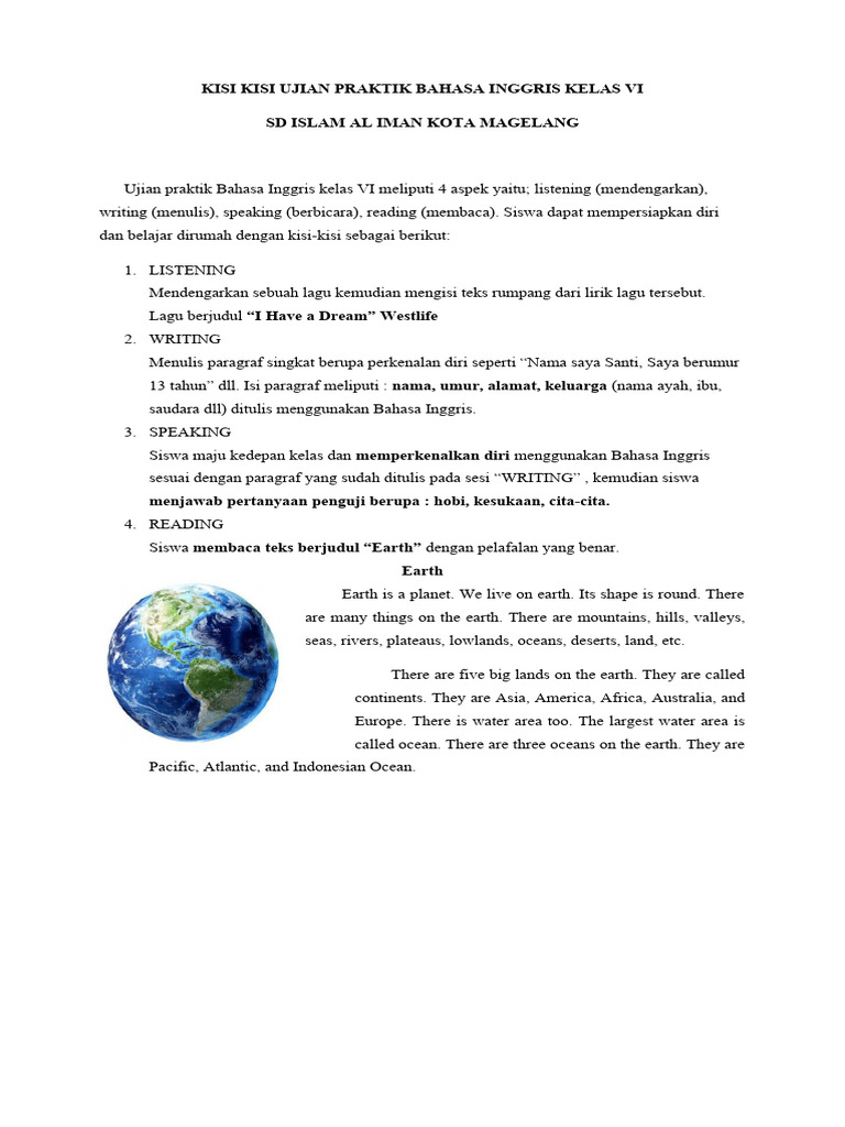 Kisi Kisi Ujian Praktik Bahasa Inggris Kelas Vi | PDF