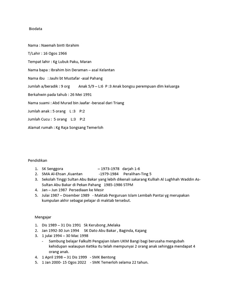 Biodata PN - Naemah | PDF