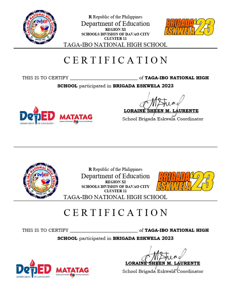 Brigada Eskwela 2023 Participation Certificate | PDF | Wellness