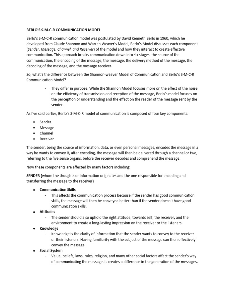 BERLO'S S-M-C-R MODEL OF COMMUNICATION | PDF | Communication | Human ...
