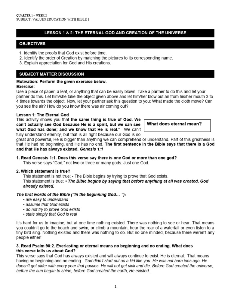 Lesson 1 and 2 THE ETERNAL GOD AND CREATION OF THE UNIVERSETHE ETERNAL ...