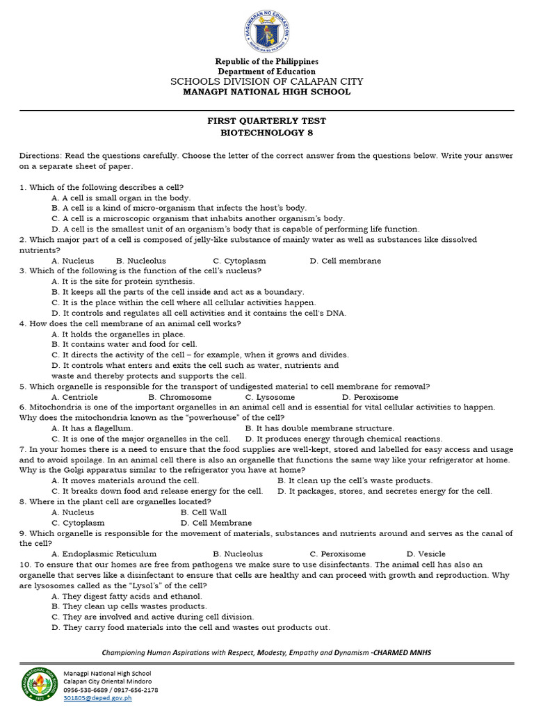 Biotechnology 8 Test | PDF | Cell (Biology) | Cellular Respiration