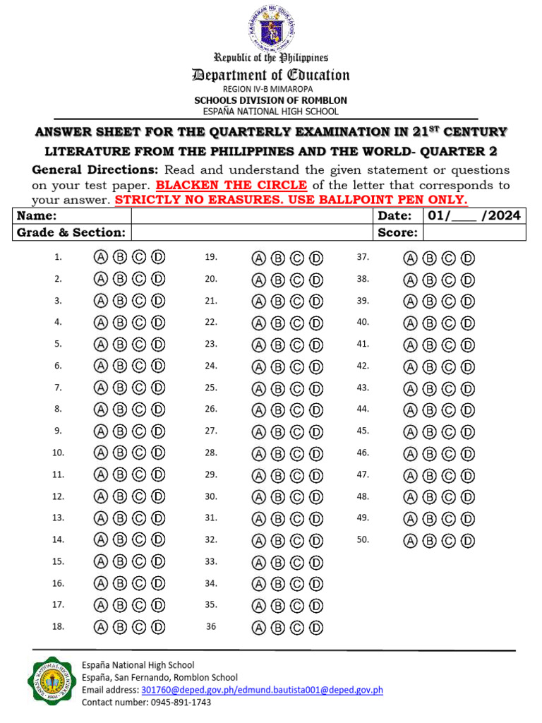 Answer Sheet Q2 21ST | PDF