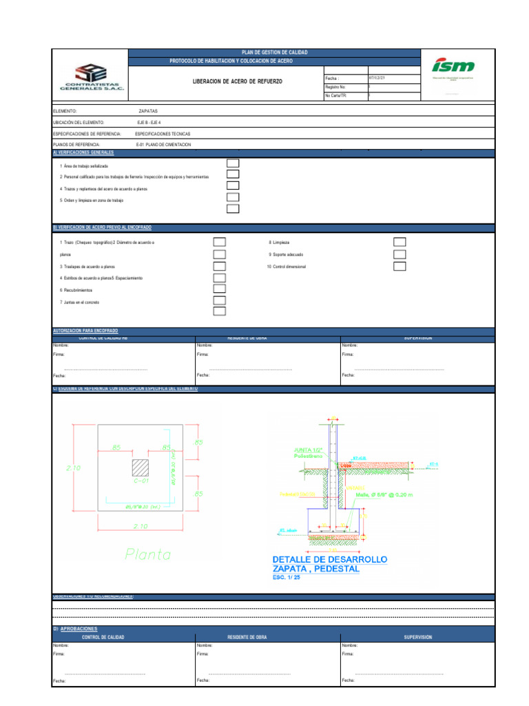 Protocolo de Acero de Refuerzo Zapatas | PDF | Producción y fabricación | Ingeniería