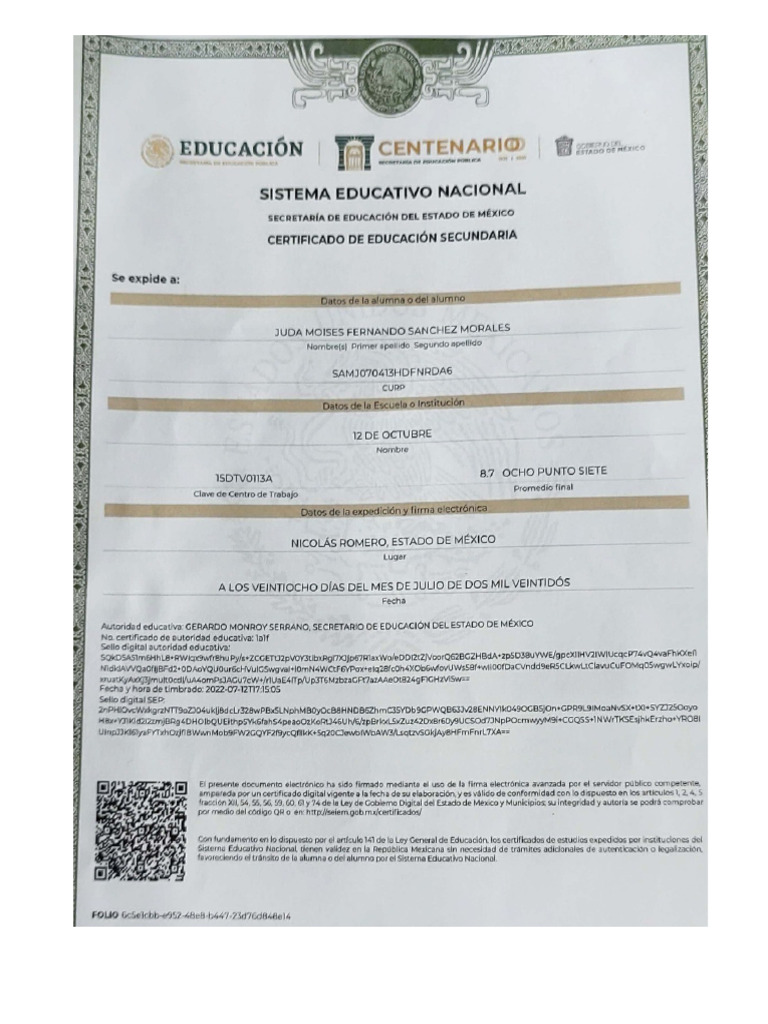Certificado de Secundaria | PDF