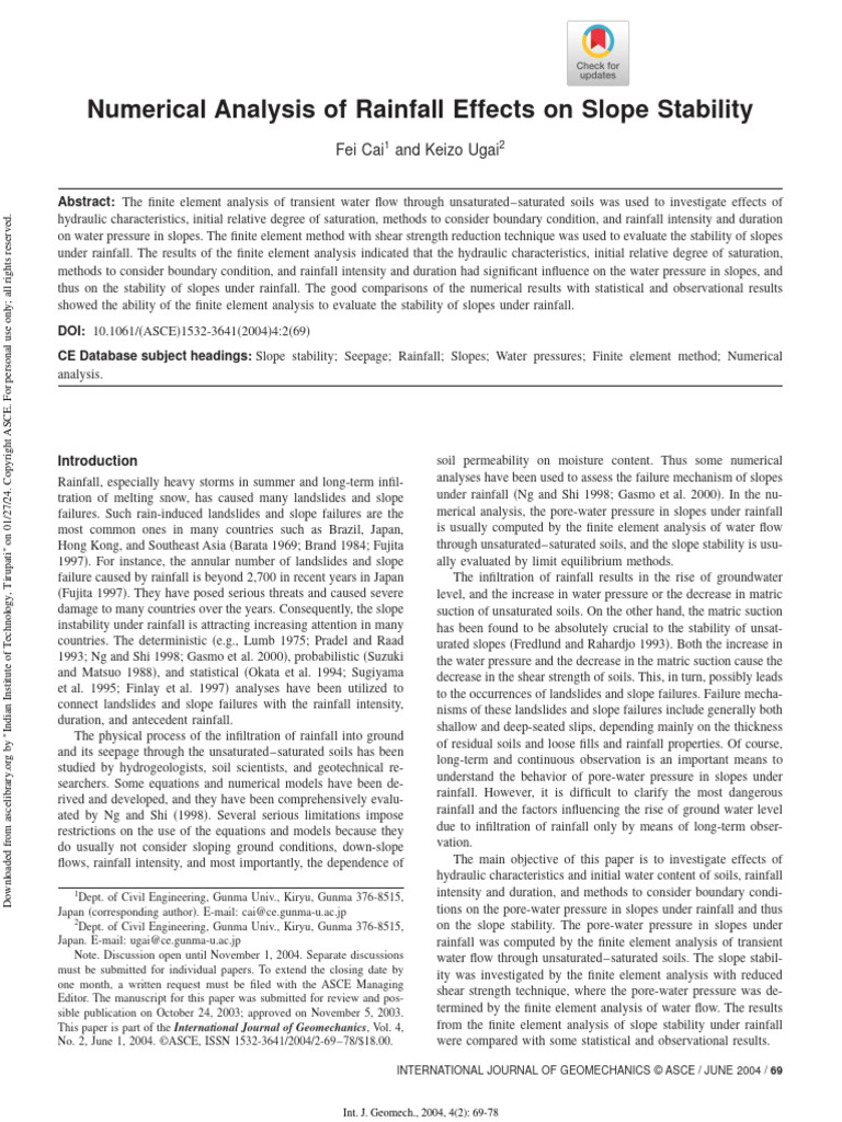 Ugai Cai 2004 Numerical Analysis of Rainfall Effects On Slope Stability | PDF