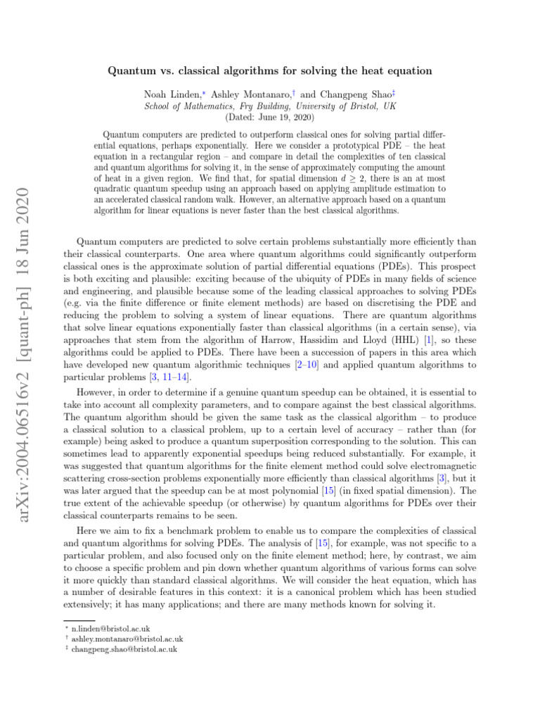 Quantum vs. Classical Algorithms For Solving The Heat Equation | PDF