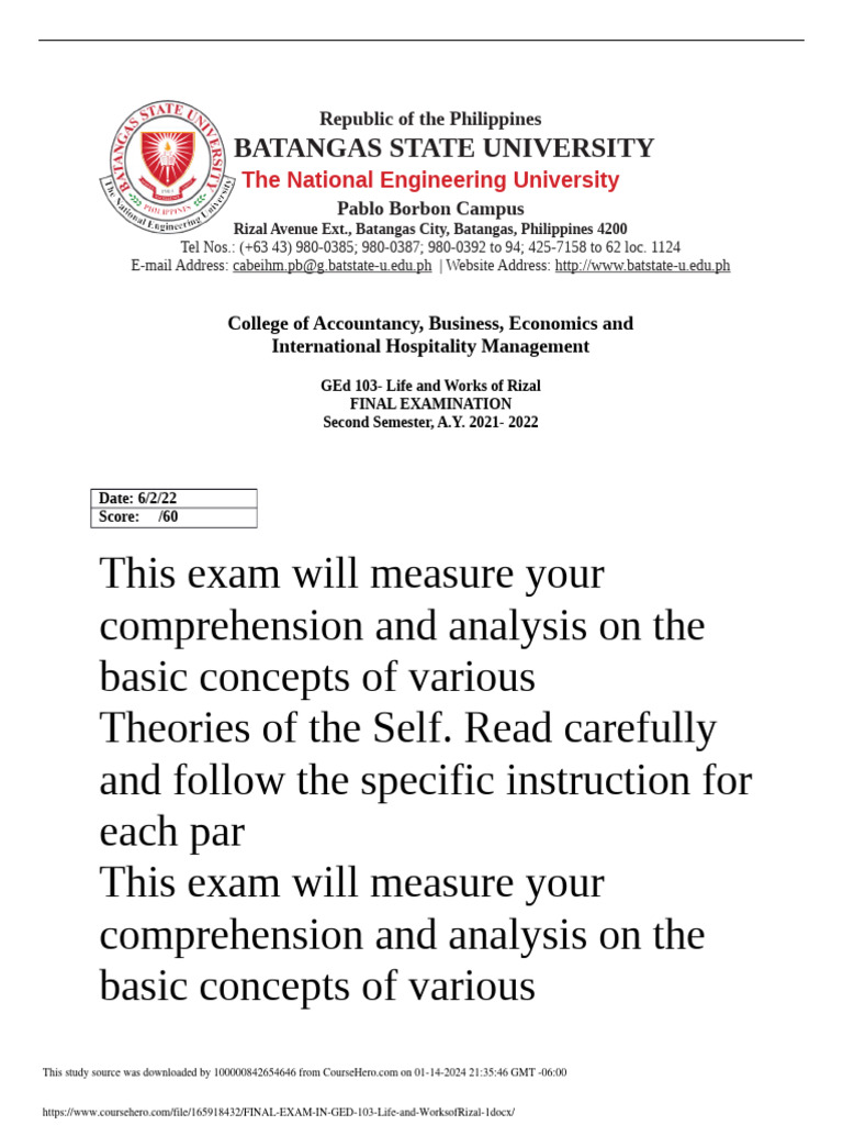 FINAL EXAM IN GED 103 Life and WorksofRizal 1 | PDF | Philippines