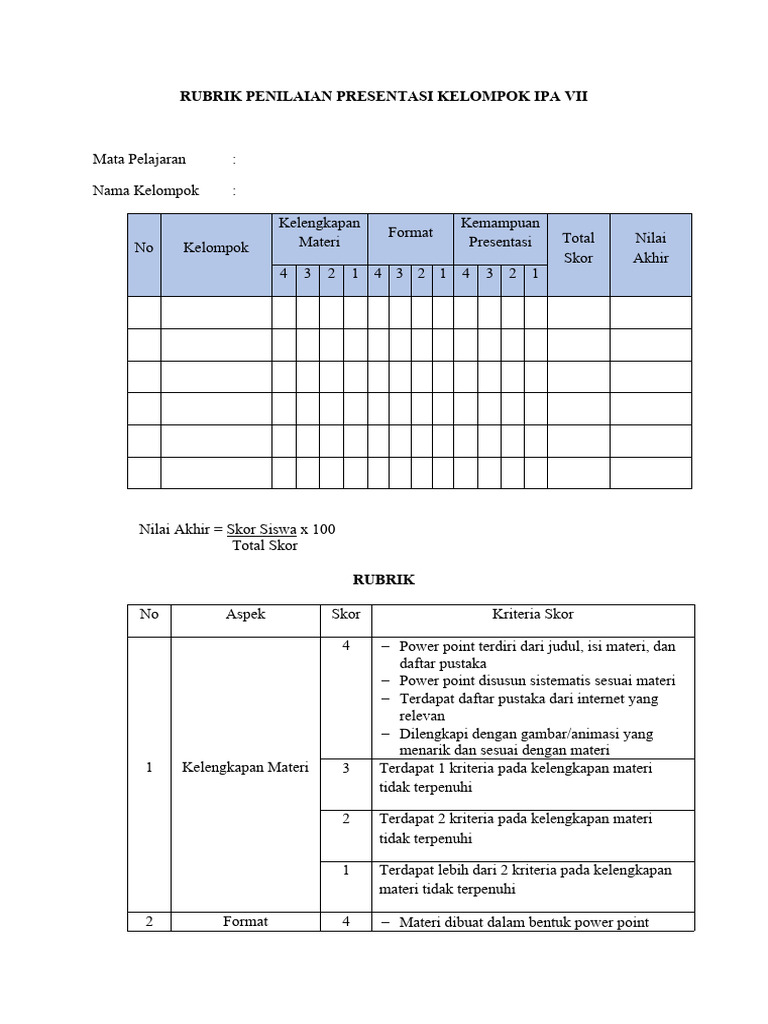 Rubrik Penilaian Presentasi Kelompok Ipa Vii | PDF