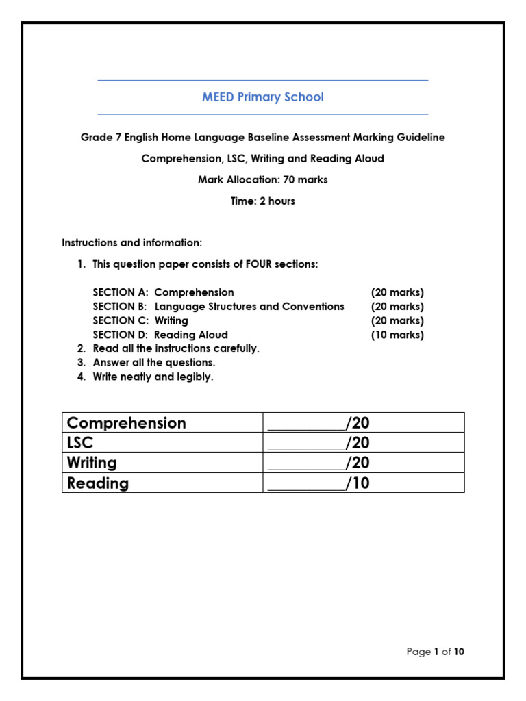 Grade 7 HL Marking Guideline | PDF | Adverb | Sentence (Linguistics)