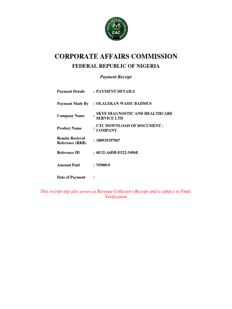 Cac Receipt - Skye Diagnostic and Healthcare Service LTD | PDF ...