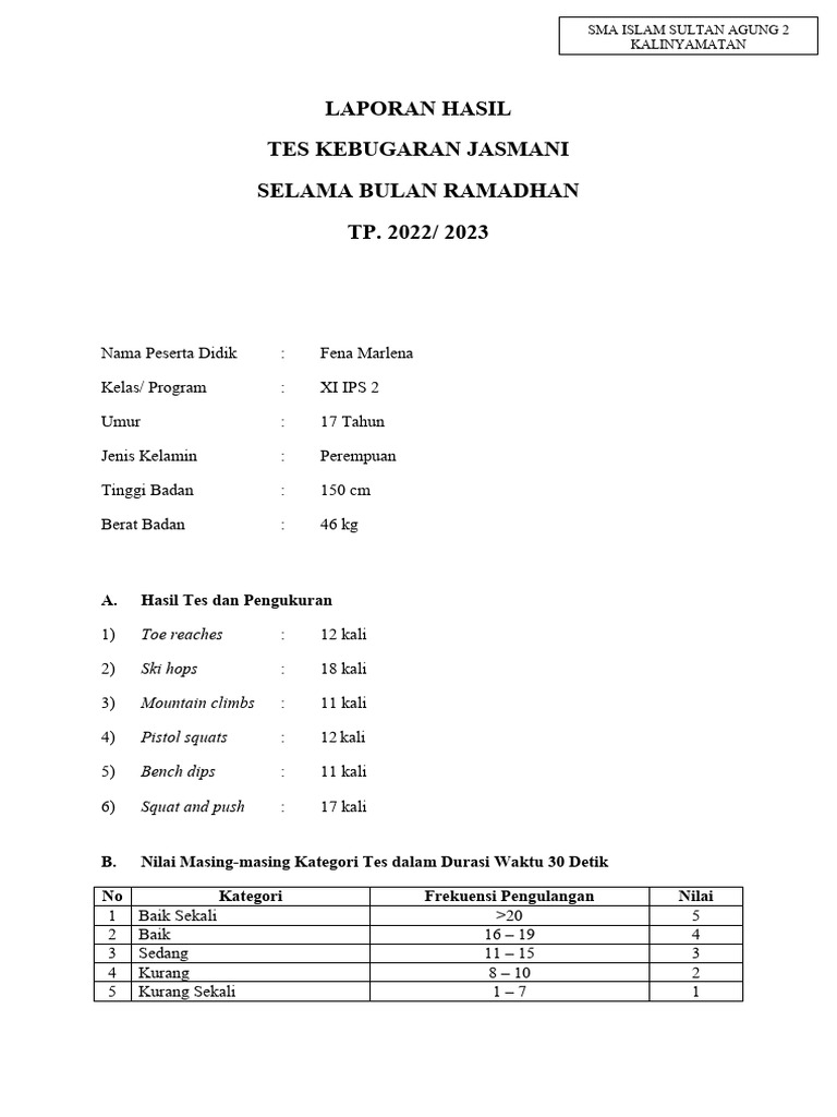 Laporan Kebugaran Fena Marlena | PDF