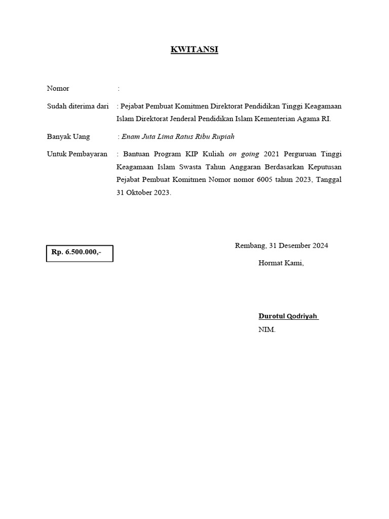 Kwitansi Pembayaran KIP Kuliah 2023 | PDF