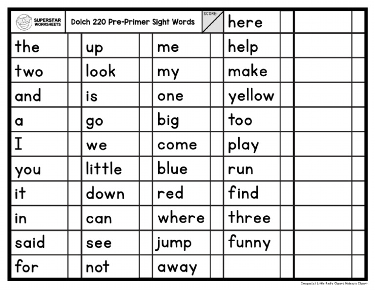 Assessment Sight Words Dolch Pre Primer W | PDF