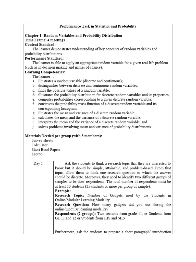Performance Task in Statistics and Probability | PDF | Probability ...