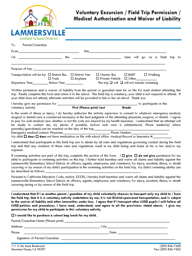 Field Trip Permission and Waiver Form | PDF | Indemnity | Health Care
