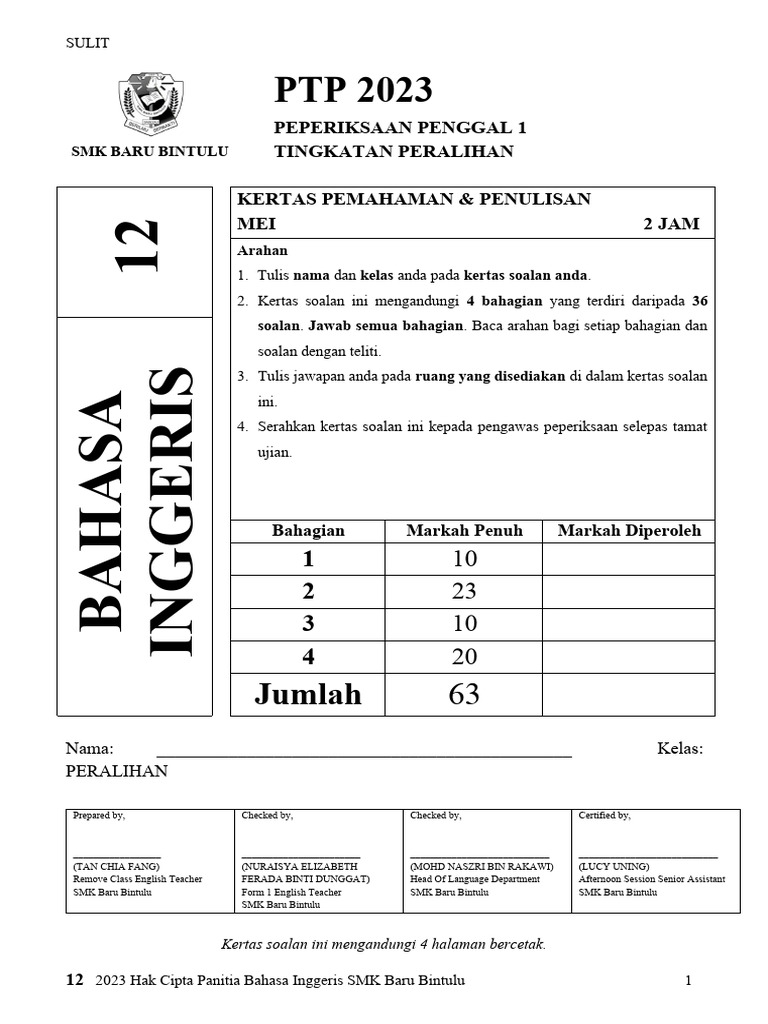 P1&2 Penggal 1 Per 2023 (2 Hours) | PDF | Human Communication | Linguistics