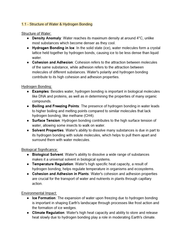 1.1 - Structure of Water & Hydrogen Bonding | PDF | Water | Chemical Bond