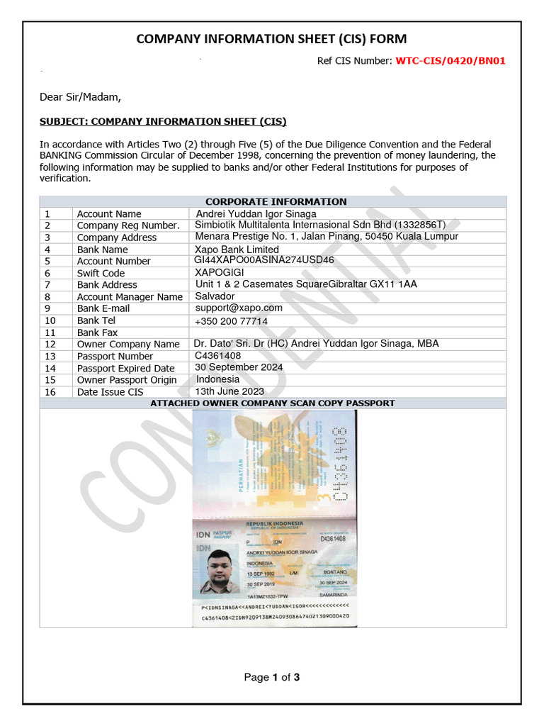 Company Information Sheet (Cis) Form: Dear Sir/Madam | PDF | Money Laundering | Business