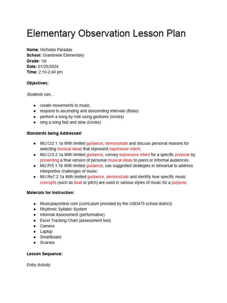 Elementary Observation Lesson Plan 1 1 | PDF | Lesson Plan | Cognition