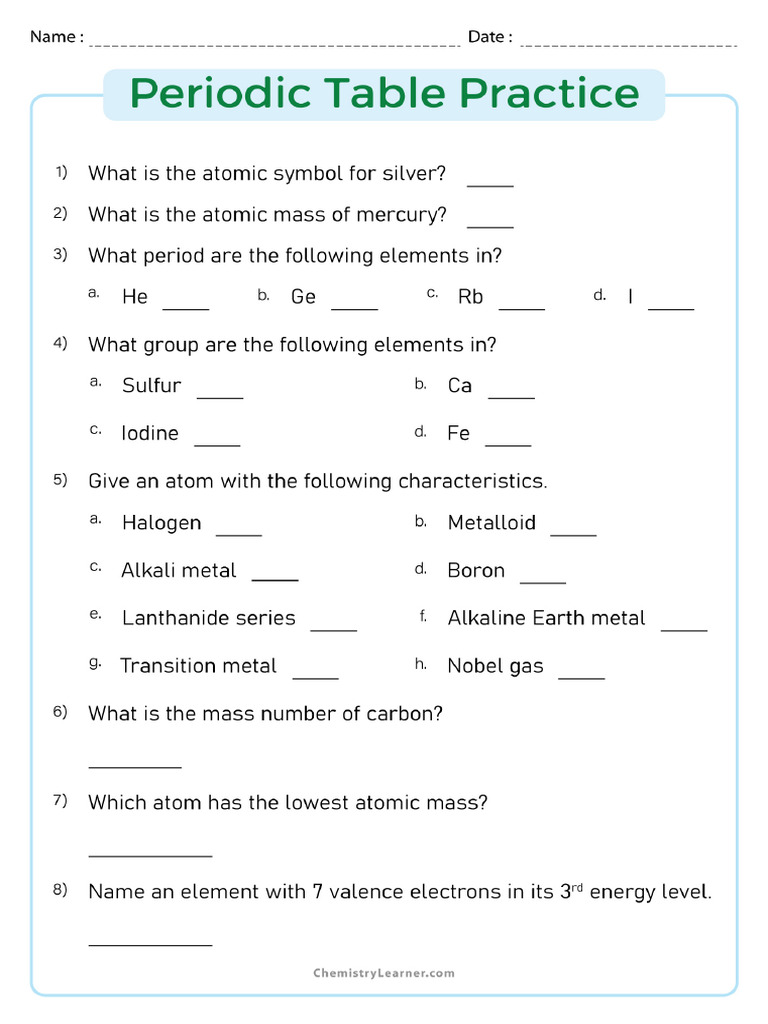 Periodic Table Practice Worksheet | PDF