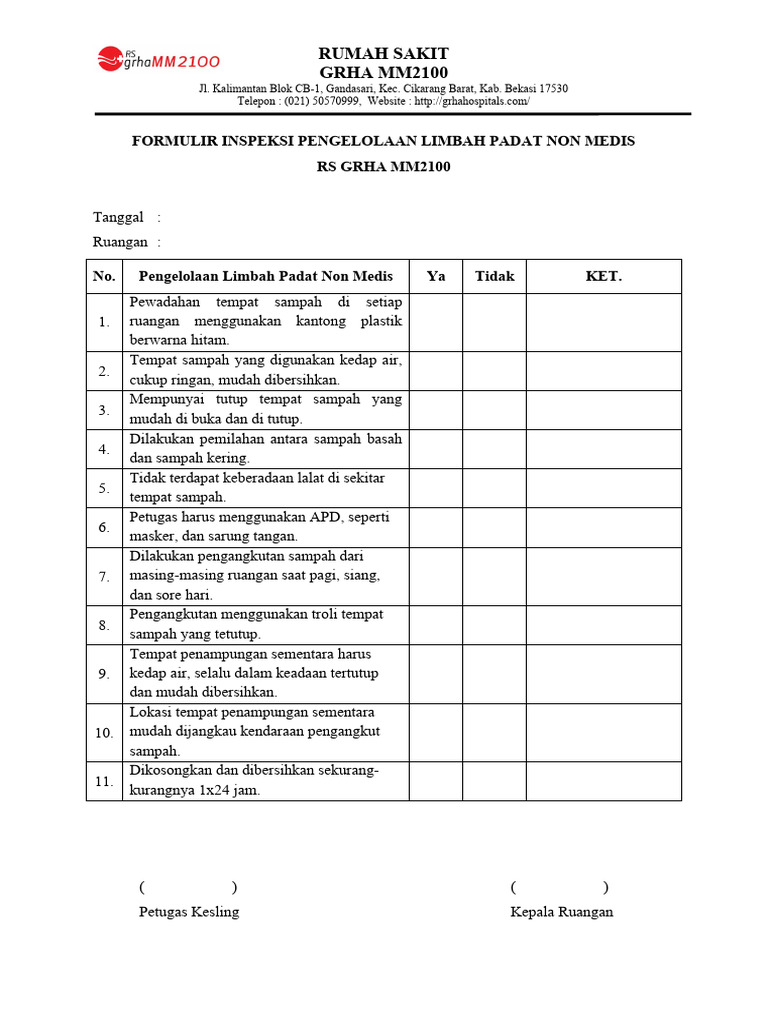 Form Inspeksi Pengelolaan Limbah Medis & Non Mmedis | PDF