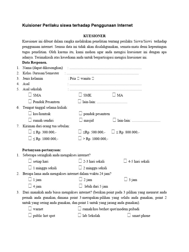 Kuisioner - Penggunaan - Internet - Dikalangan Anak SMK | PDF
