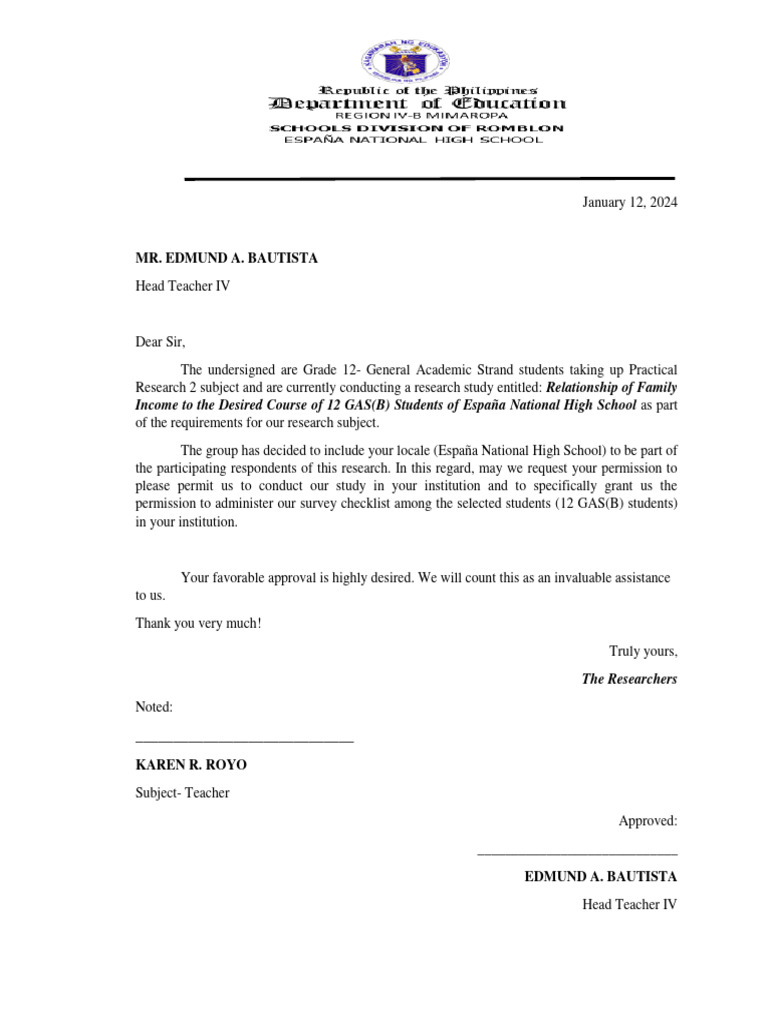 Permission Letter - Survey Questionnaire Group4 | PDF | Bachelor Of ...