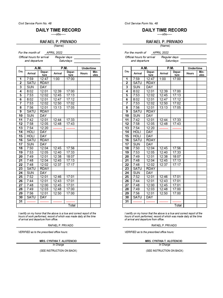 CSC Form 48 Daily Time Record (DTR) | PDF | Theoretical Computer ...