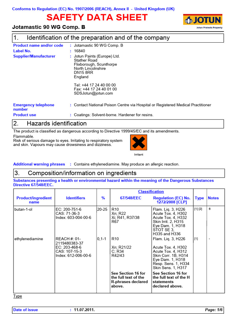 Jotamastic 90 WG Comp. B Safety Data Sheet | PDF | Personal Protective ...