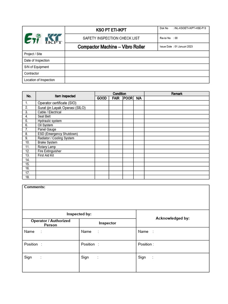 001-Inspection Form-ETI-IKPT-HSE-Compactor-Vibro Roller | PDF