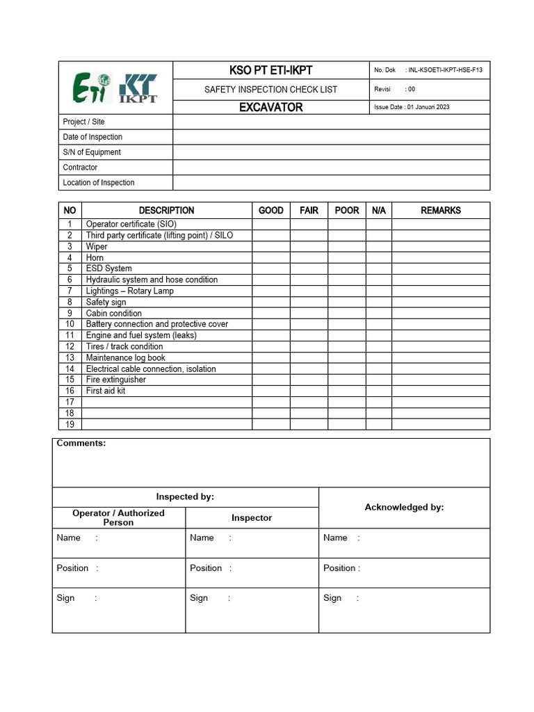 002-Inspection Form-ETI-IKPT-HSE-Excavator | PDF