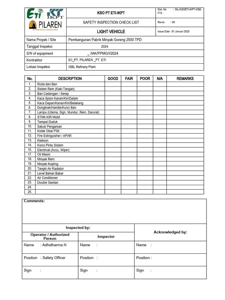 005 Inspection Form ETI IKPT HSE Light Vehicle | PDF | Technology ...