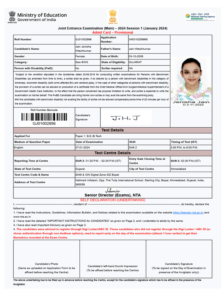 1 - Jee Main | PDF | Identity Document