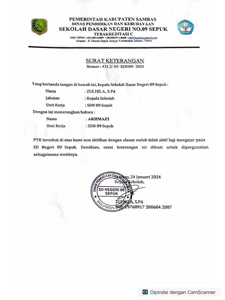 Surat Keterangan PTK Non Aktif - Akhmazi | PDF
