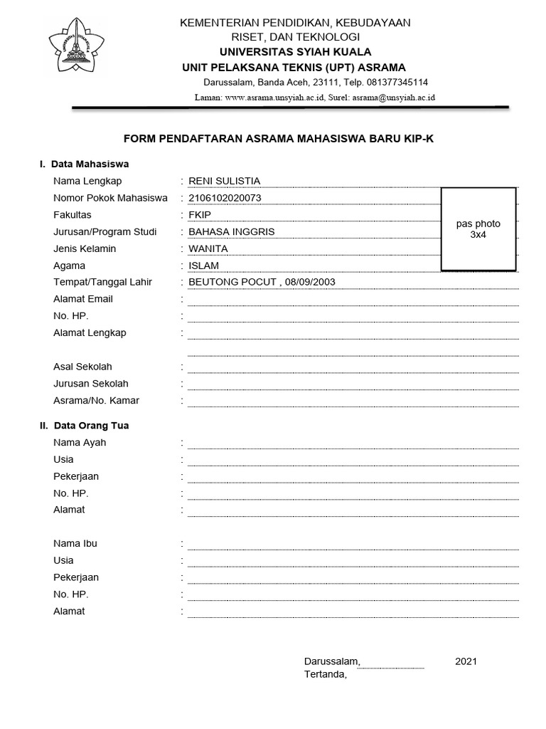 Formulir Pendaftaran Asrama Mahasiswa KIP-K | PDF
