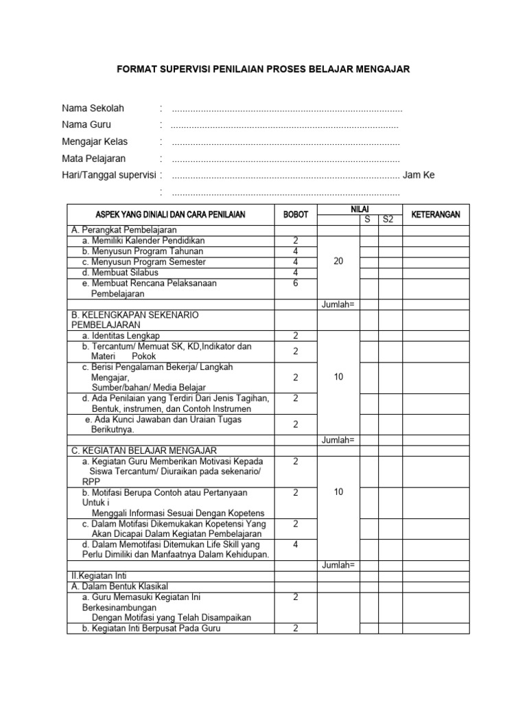 Dokumen - Tips - Format Supervisi Penilaian Proses Belajar Mengajar | PDF