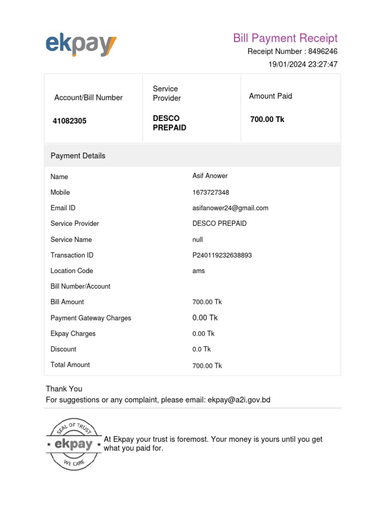 DESCO Prepaid Bill Payment Receipt | PDF