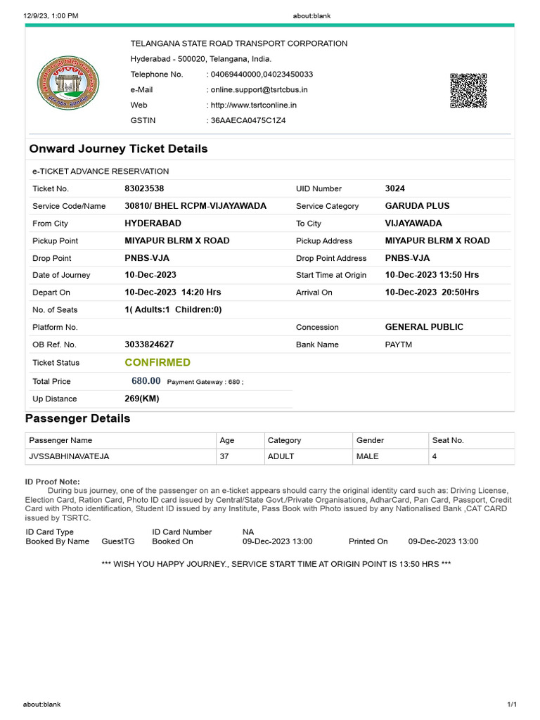 TSRTC Ticket | PDF | Identity Document | Authentication