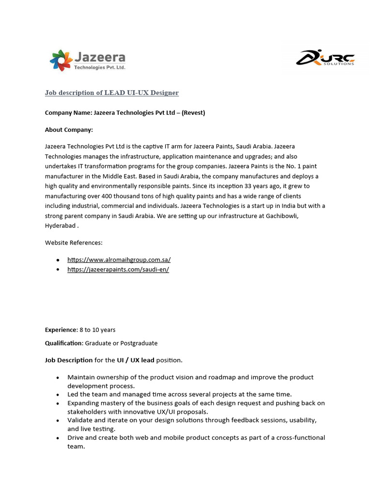 Lead UI-UX Designer Job at Jazeera Technologies | PDF | Design | Computing
